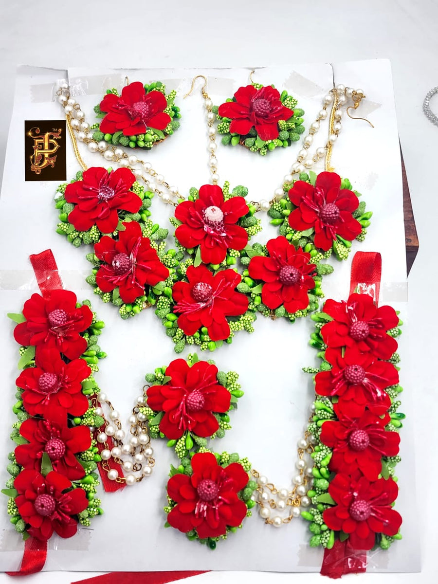 Red Handmade flower jewellery for Brides-RS001FJR – www.soosi.co.in