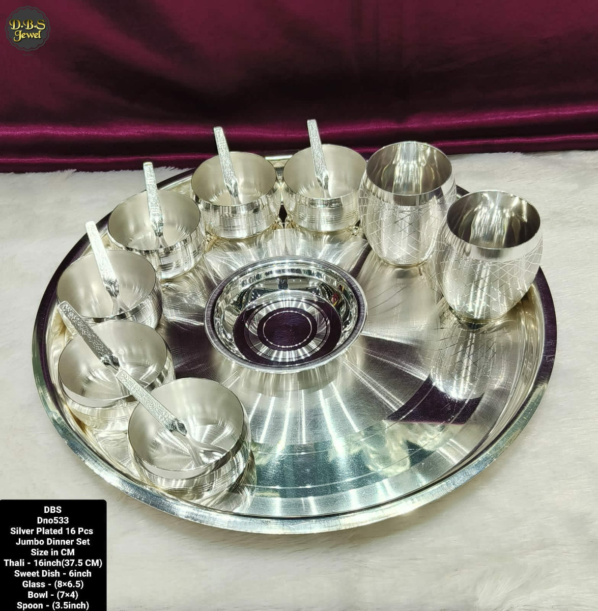 Silver Plated 16 Pcs Jumbo Dinner Thali Set -MK001JT – www.soosi.co.in