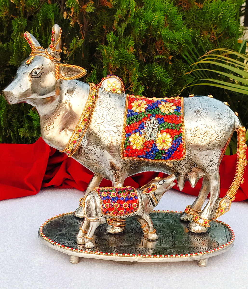 Antique German silver extra big size cow calf set with semi precious s ...
