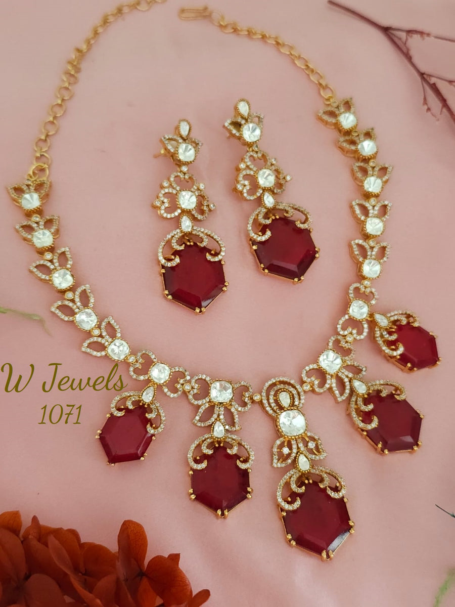 Tanwika, elegant Designer Statement Necklace Set with Deep Red Shade S ...