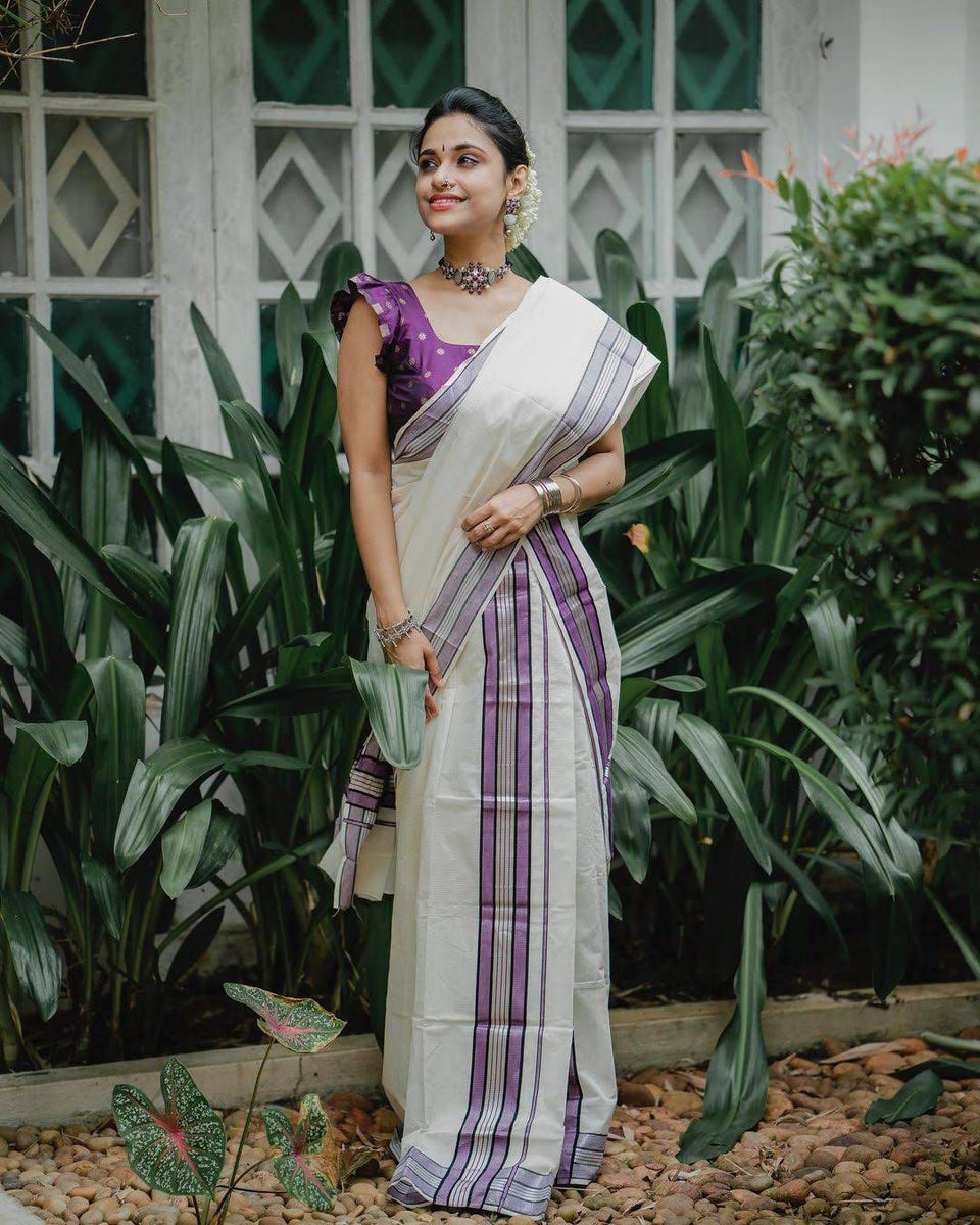 Anaswara silver violet cotton set mundu for Onam Festival 2024-SAHE001 ...
