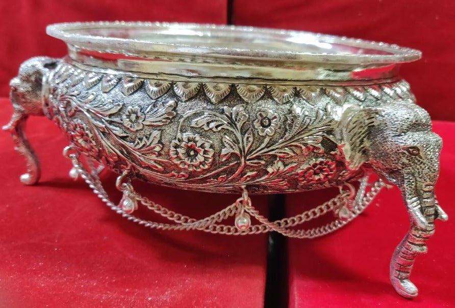 Antique Finish German Silver Urli with Elephant Design Legs limited ed ...