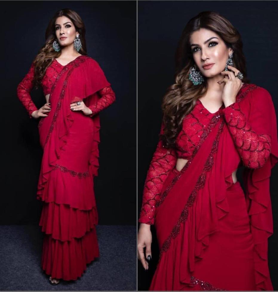 Red Ruffles Saree Inspired by Raveena – www.soosi.co.in