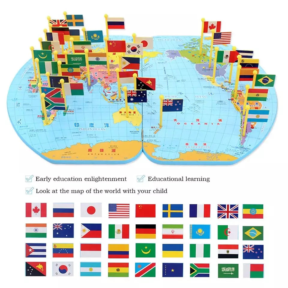 Map Of The World,Wooden World Map and 36 Flags Matching Puzzle Wall Ma ...