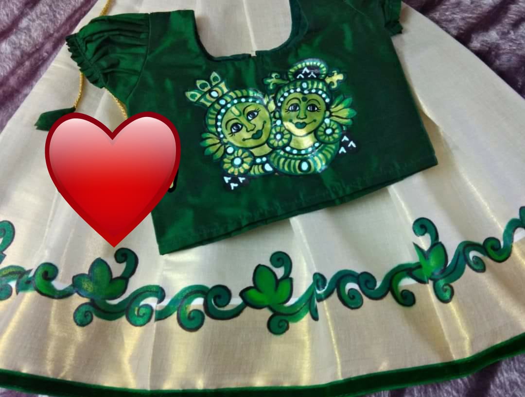 GREEN RADHA MADHAV MURAL DESIGN BLOUSE & PATTU PAVADA SET FOR GIRLS-CF ...