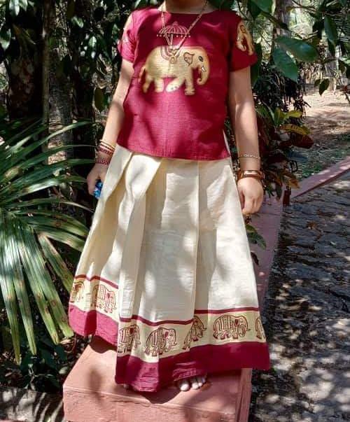 MEROON ELEPHANT DESIGN MURAL DESIGN BLOUSE & PATTU PAVADA SET FOR GIRL ...