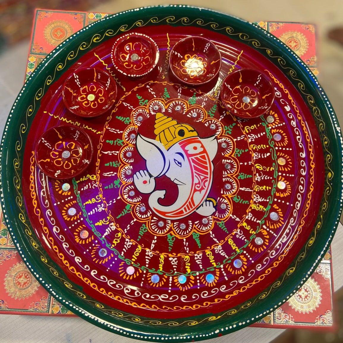 SET OF 2 , GANESH DESIGN , HAND PAINTED THALI SET FOR PUJA-MAKR001G ...