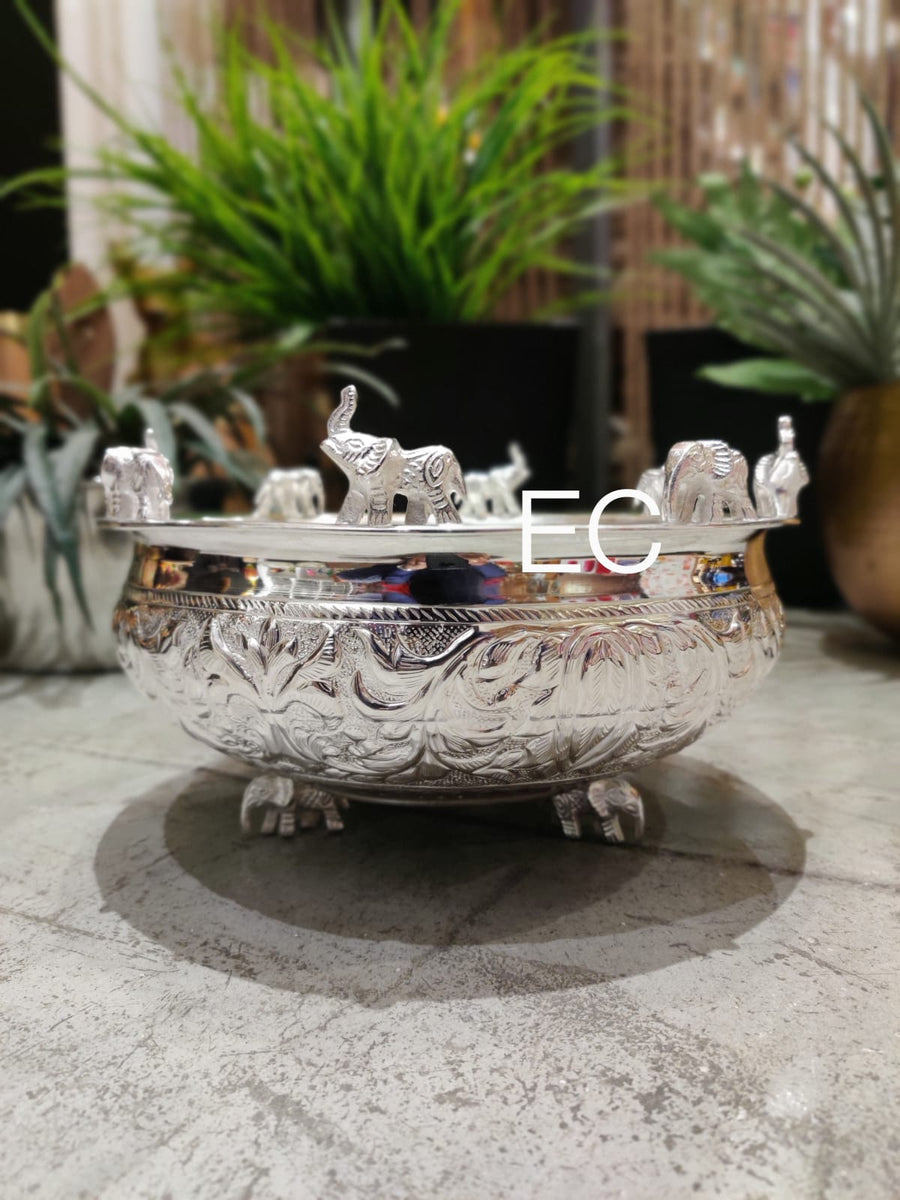 GAJARAJAN, ANTIQUE FINISH GERMAN SILVER URLI WITH ELEPHANT DESIGNS -AN ...