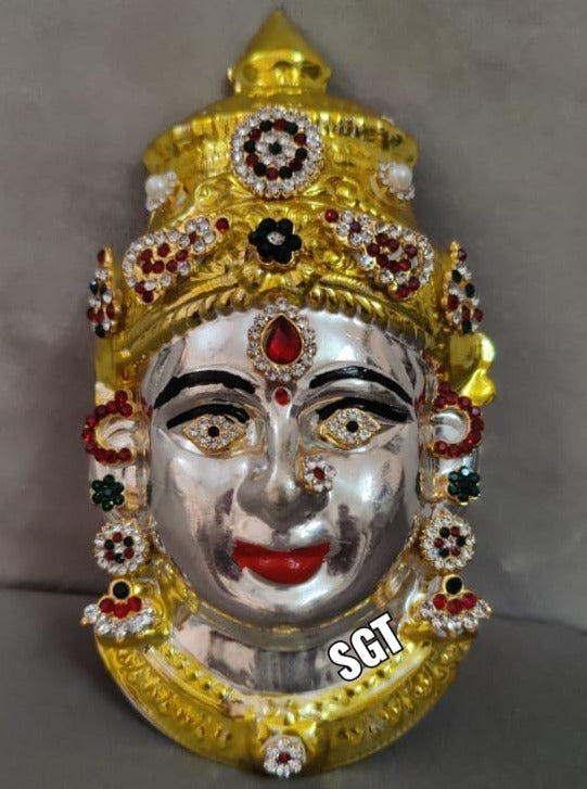 AMMAN ANUGRAHAM , SILVER FINISH AMMAN FACE WITH GOLDEN DECORATION-SN00 ...