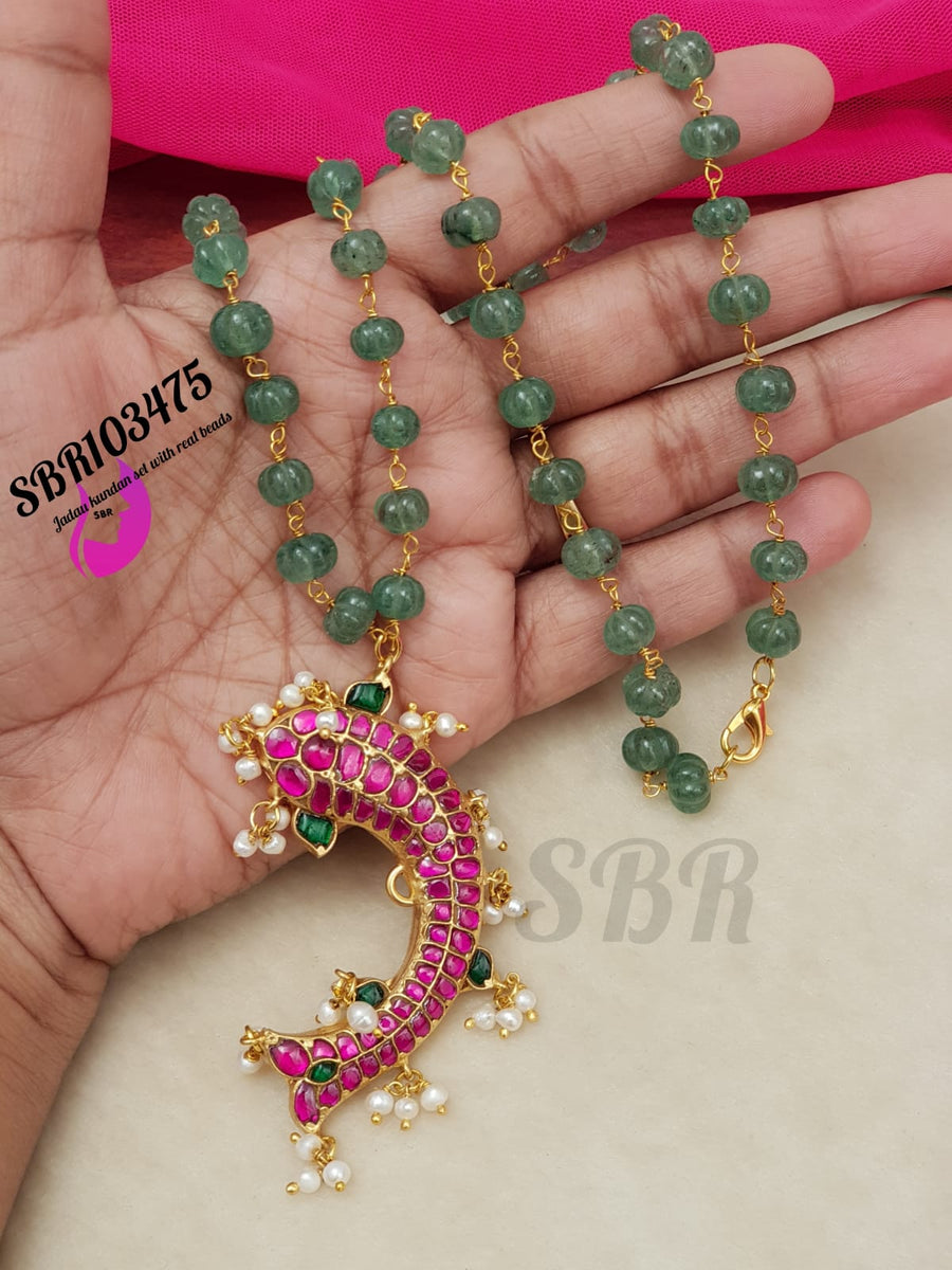 MATSYAGANDI, REAL KEMP FISH DESIGN NECKLACE WITH GREEN PUMPKIN BEADS-S ...