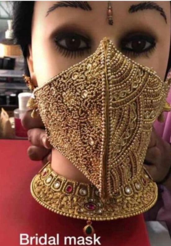 PAVITRA, ROYAL BRIDAL GOLDEN BEAD DECORATED MASK FOR SOUTH INDIAN BRID ...
