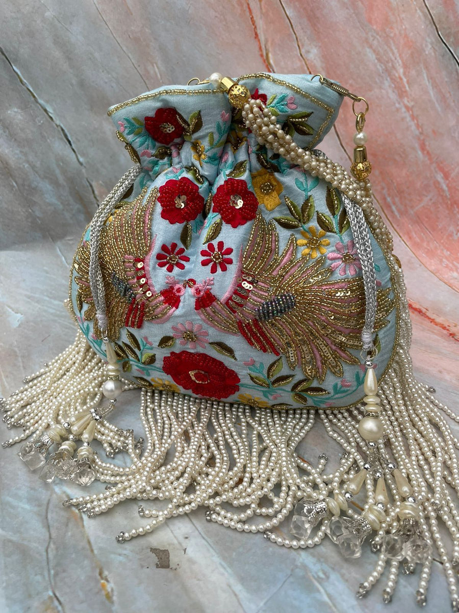 DIMPLE , PREMIUM HEAVY THREAD WORK POTLI WITH PEARL HANGINGS -URBAN001 ...