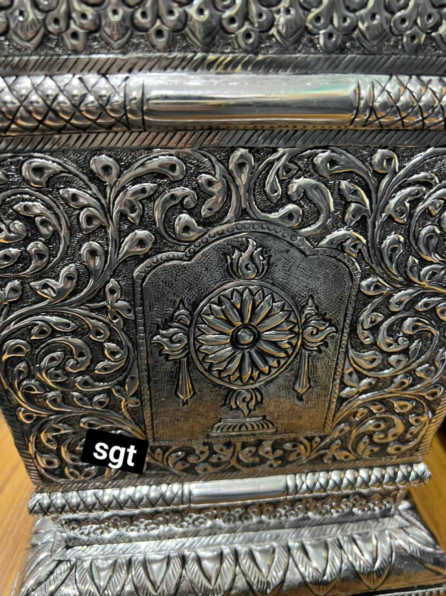TULSIDEVI, ELEGANT ANTIQUE FINISH GERMAN SILVER TULSI POT WITH SHANK C ...
