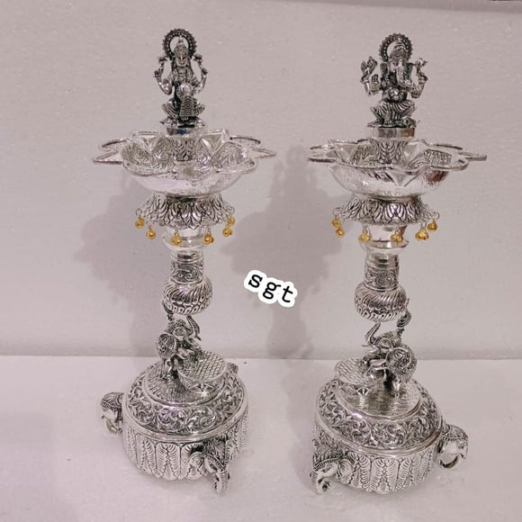 Lakshmi Ganesh , Pair of 2 antique finish German Silver Lamps-SILVA001 ...