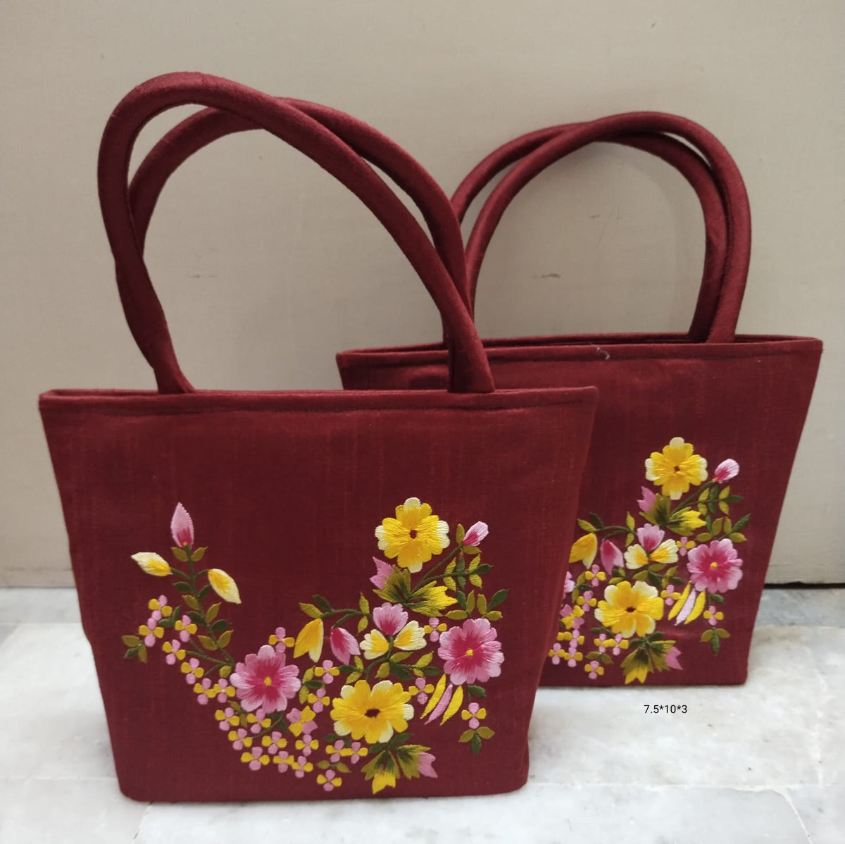 Set of 2 ,Maroon shade Beautiful Handbags with yellow and pink elegant ...