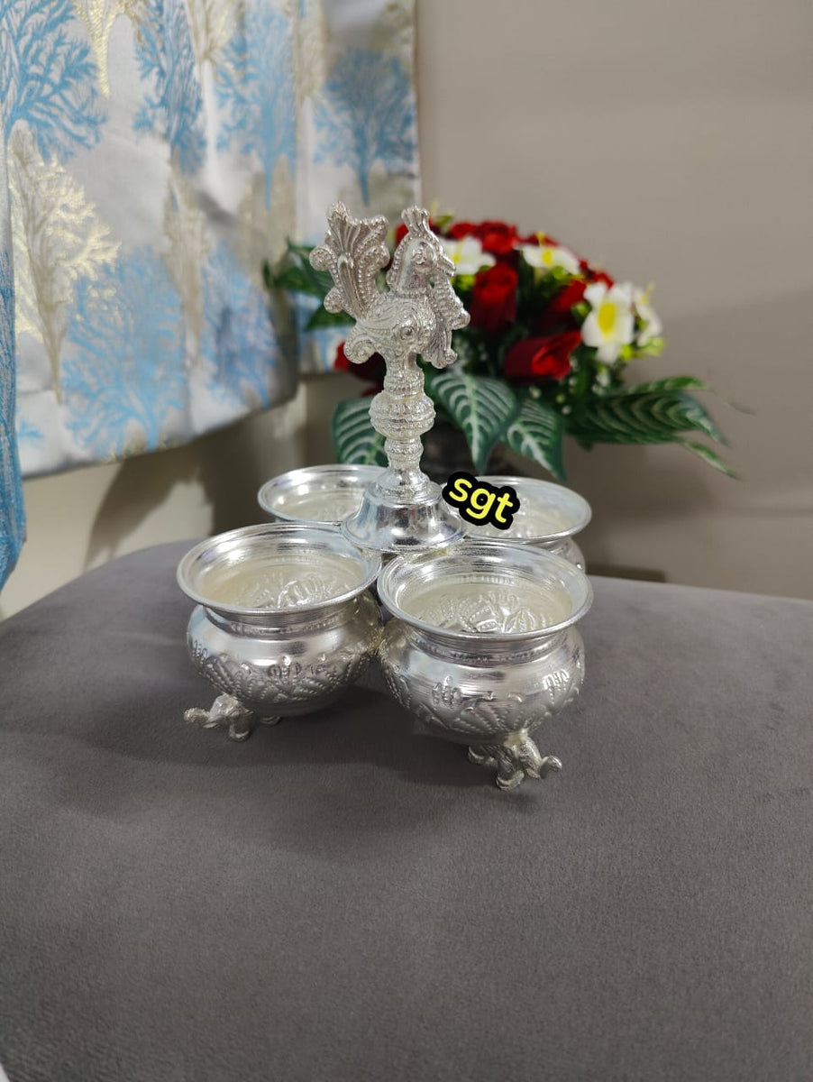 German silver washable peacock head 4 cup panchwala with big bowls wit ...