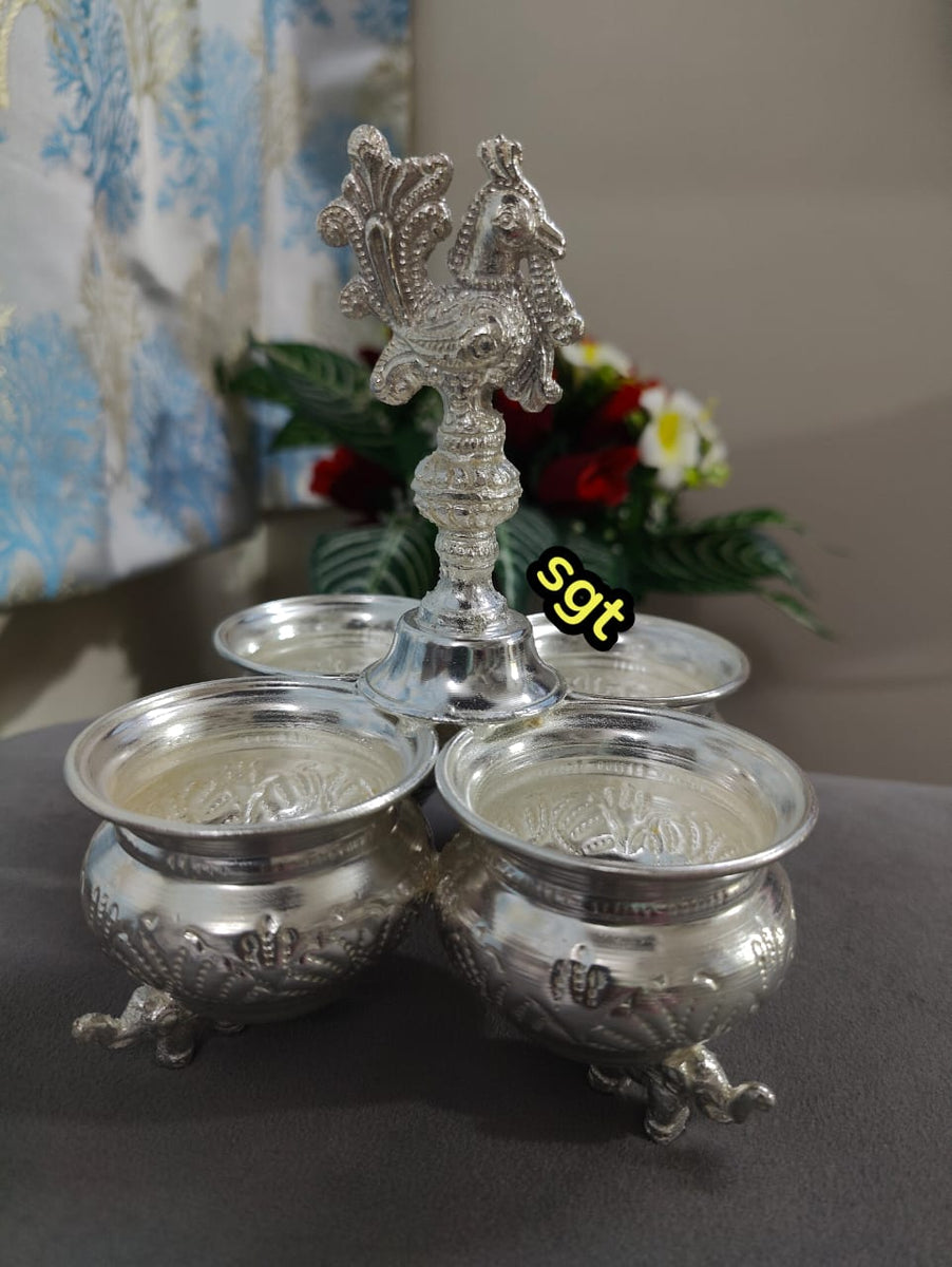 German silver washable peacock head 4 cup panchwala with big bowls wit ...