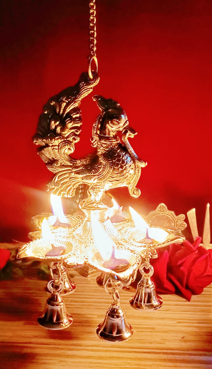 German silver antique chain hanging panchmukhi peacock diya pair with ...