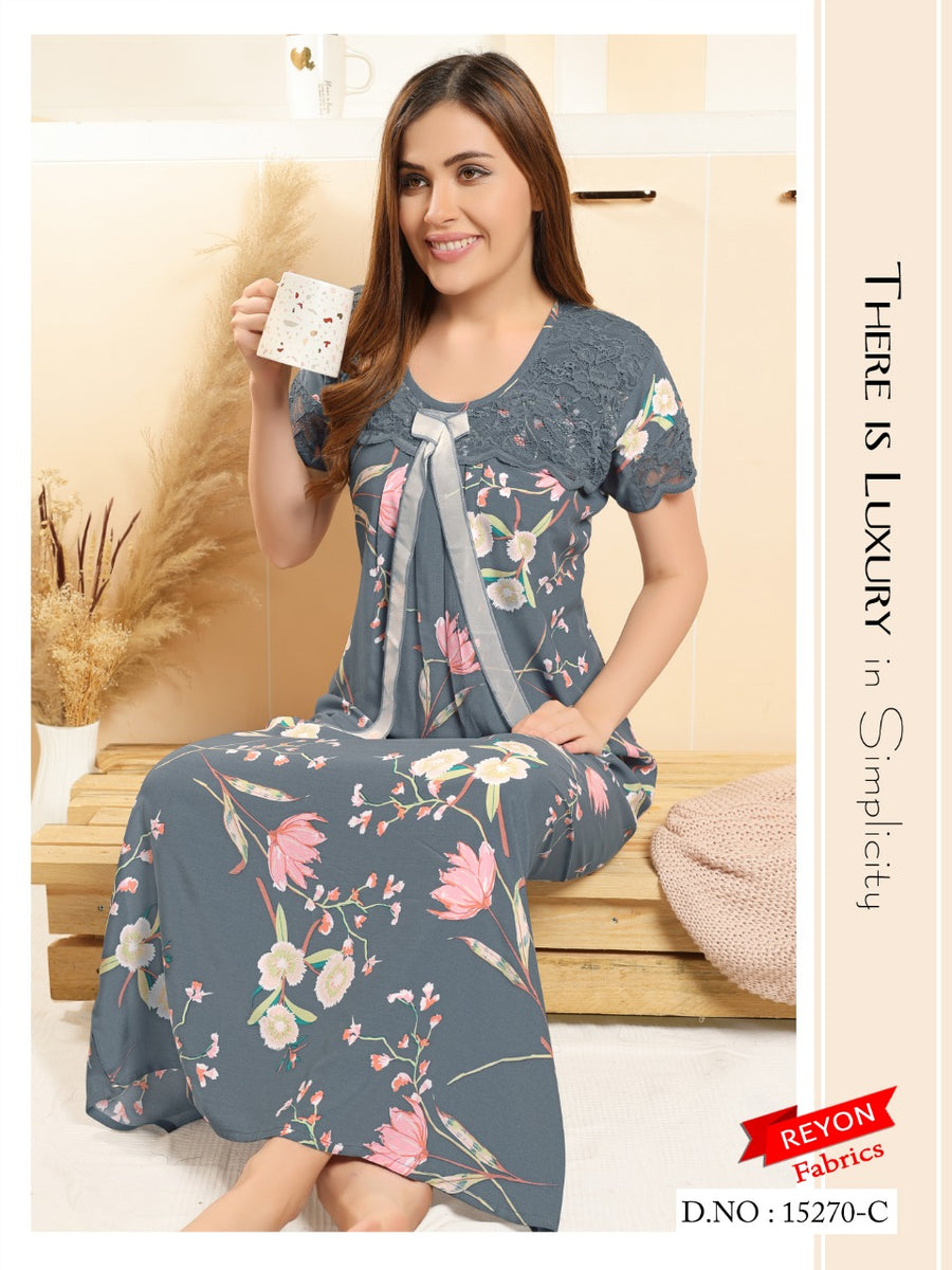 Grey Luxury Premium Quality Rayon Twisted Cotton Long Nighty for women ...