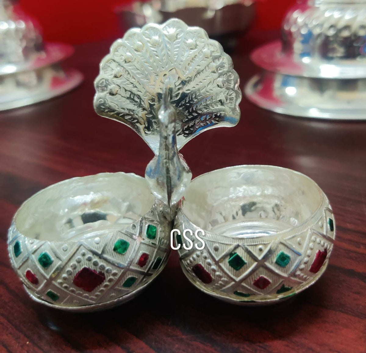 Set of 10 , Peacock design silver finish pasupu kumkuma holder for ret ...
