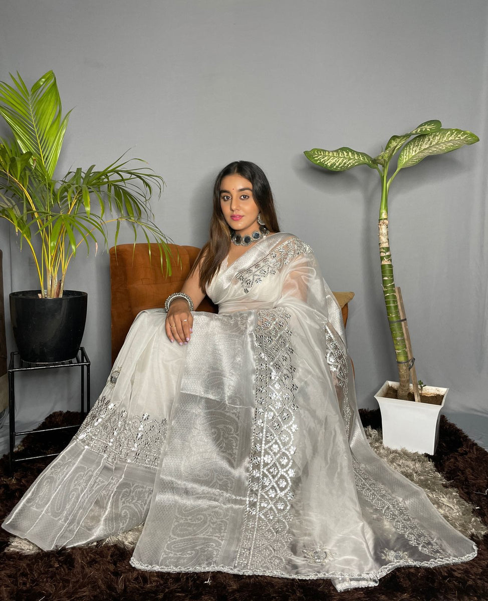 White Organza Saree with Silver Zari Borders and Gotta work-FOF001WOS ...