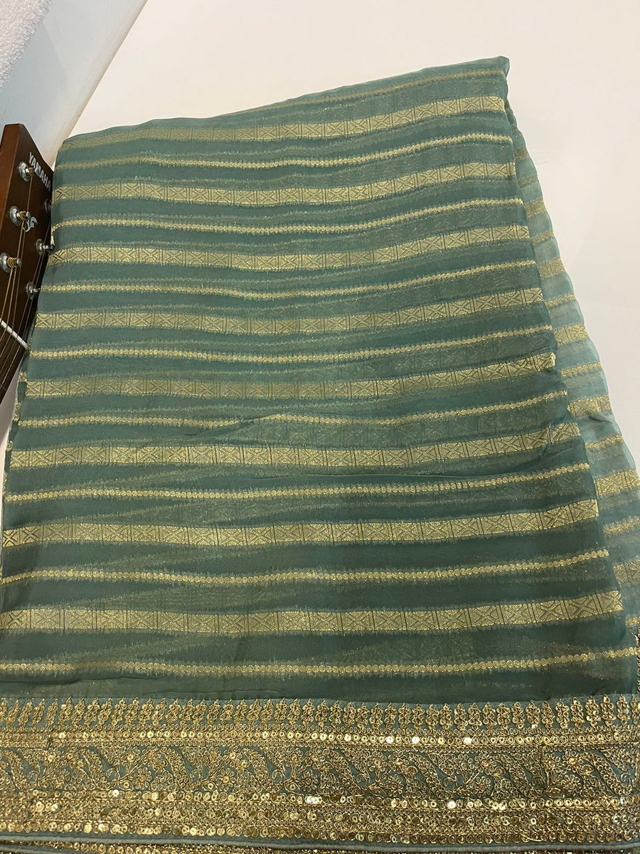 Pure Georgette dual shaded Saree with horizontal Zari stripes on body ...