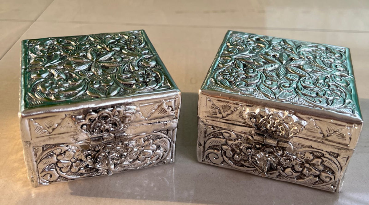 Pair of 2, Antique Silver Finish Square Ginni box/ dry fruit box/jewel ...