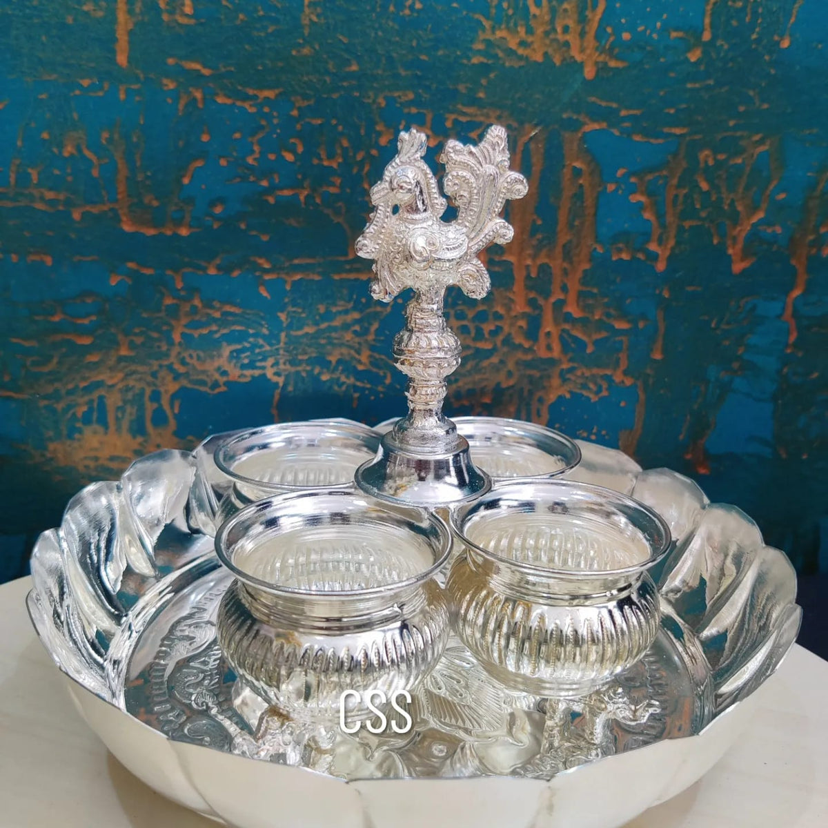 Silver Finish Lotus Mangala Harathi Plate with Peacock Panchwala -CZY0 ...